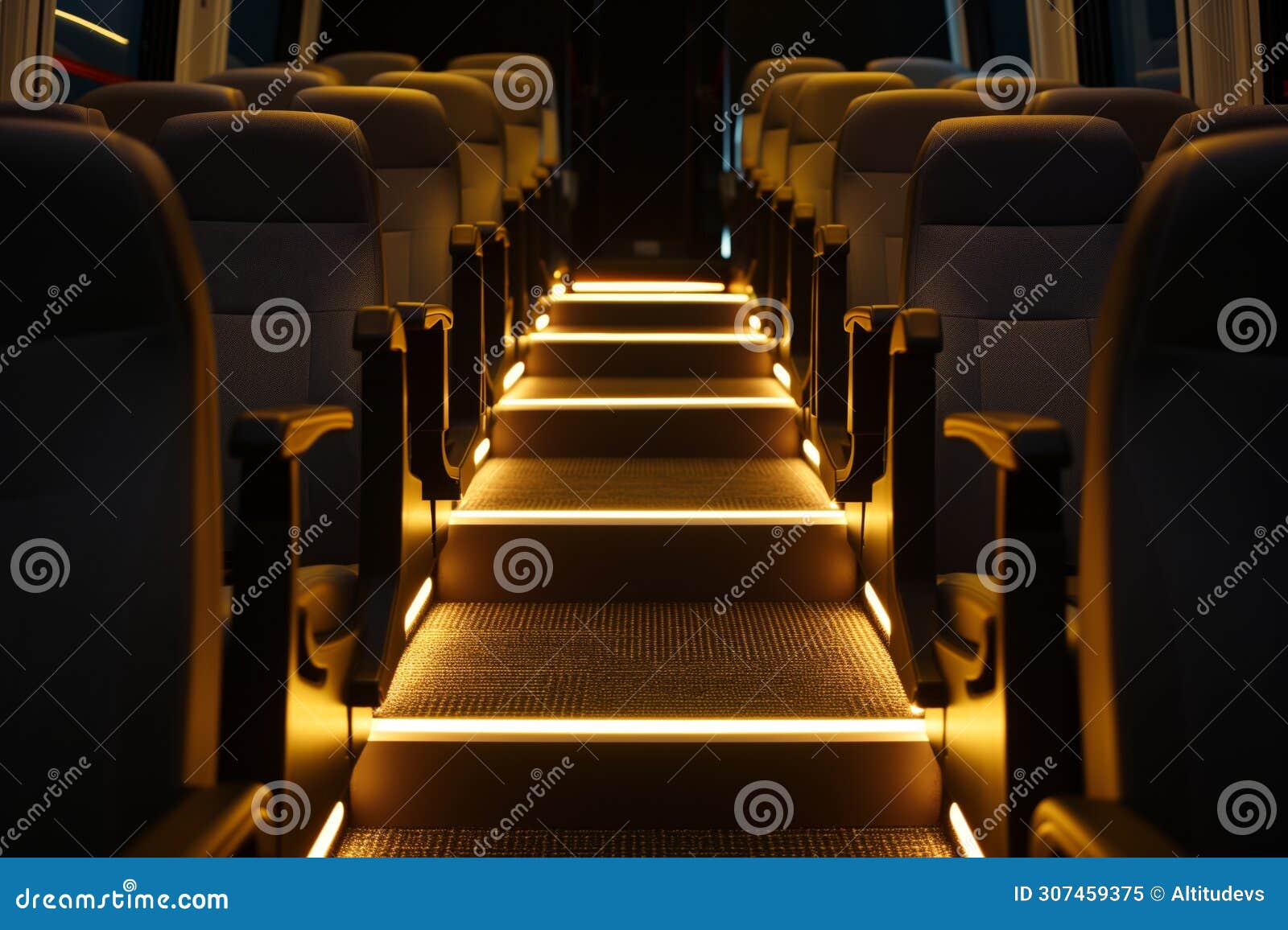 Aisle View with Backlit Seats and Led Step Lights Stock Image - Image ...
