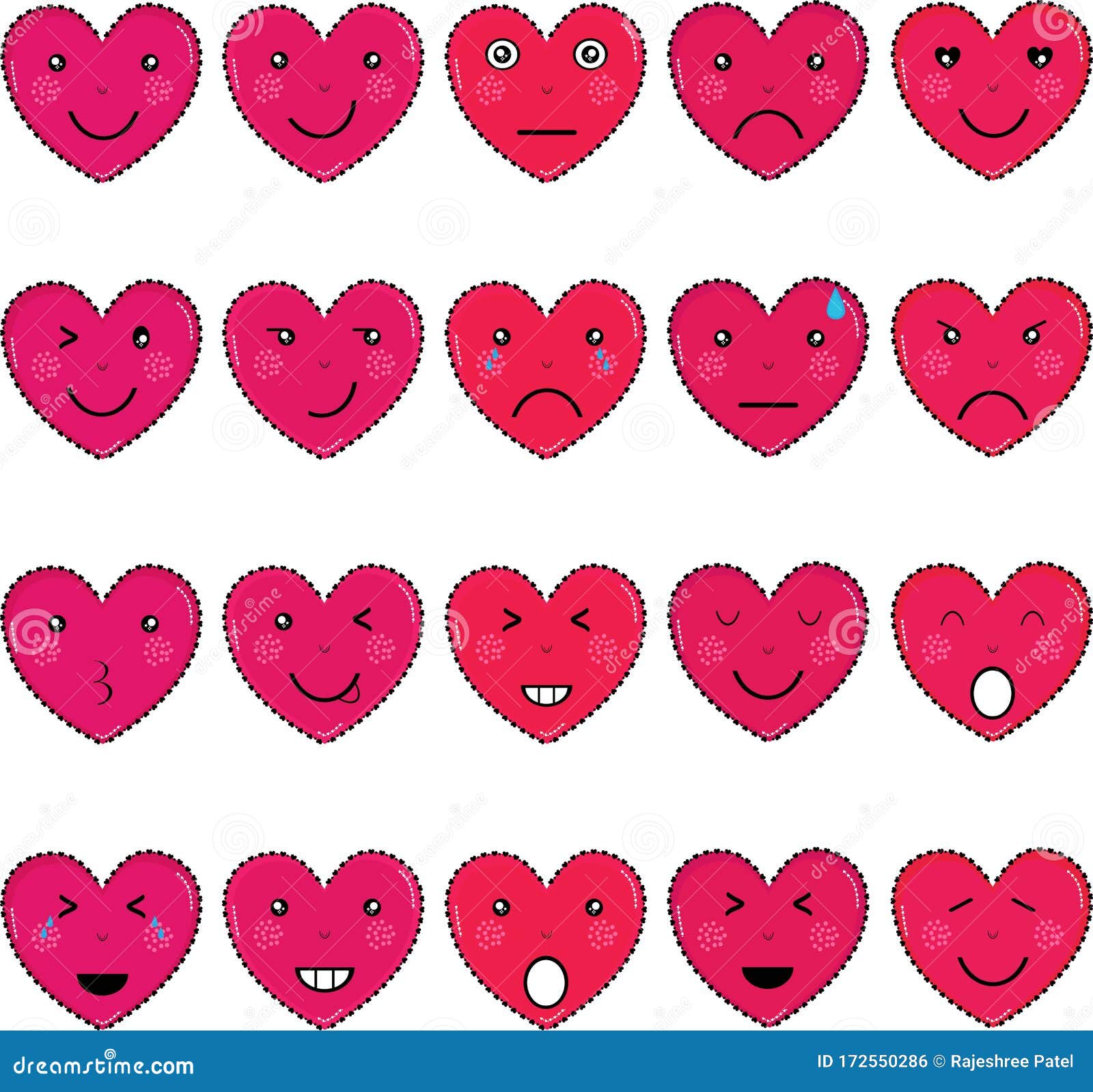 Pink Hearts Emoticon Set. Cartoon Kawaii Facial Expressions Pack. Emoji ...