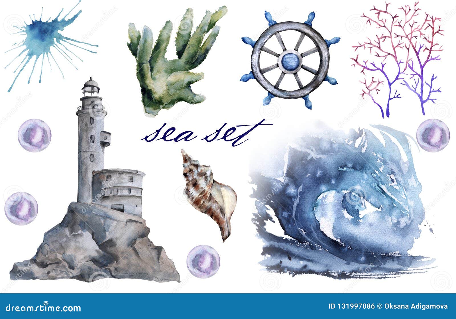 Ajustado Com Elementos Do Mar Farol, Onda, Algas Isolado No Fundo ...