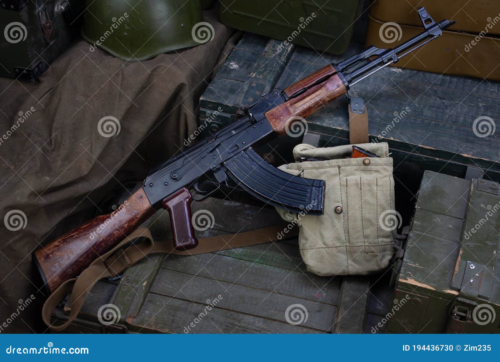 AK 47 Gun with Ammunitions on Army Box Background Stock Photo - Image ...