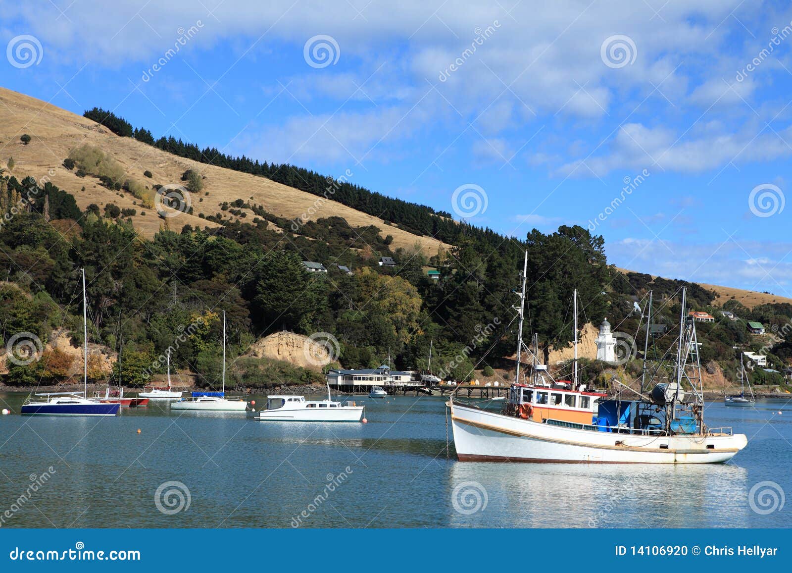 Akaroa Harbour and boats stock photo. Image of white - 14106920