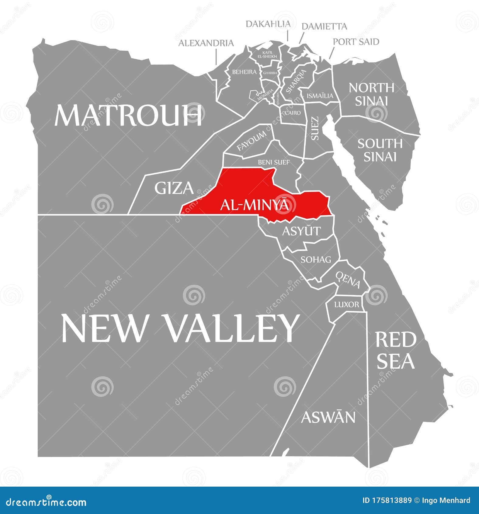 Al-Minya Red Highlighted in Map of Egypt Stock Illustration ...