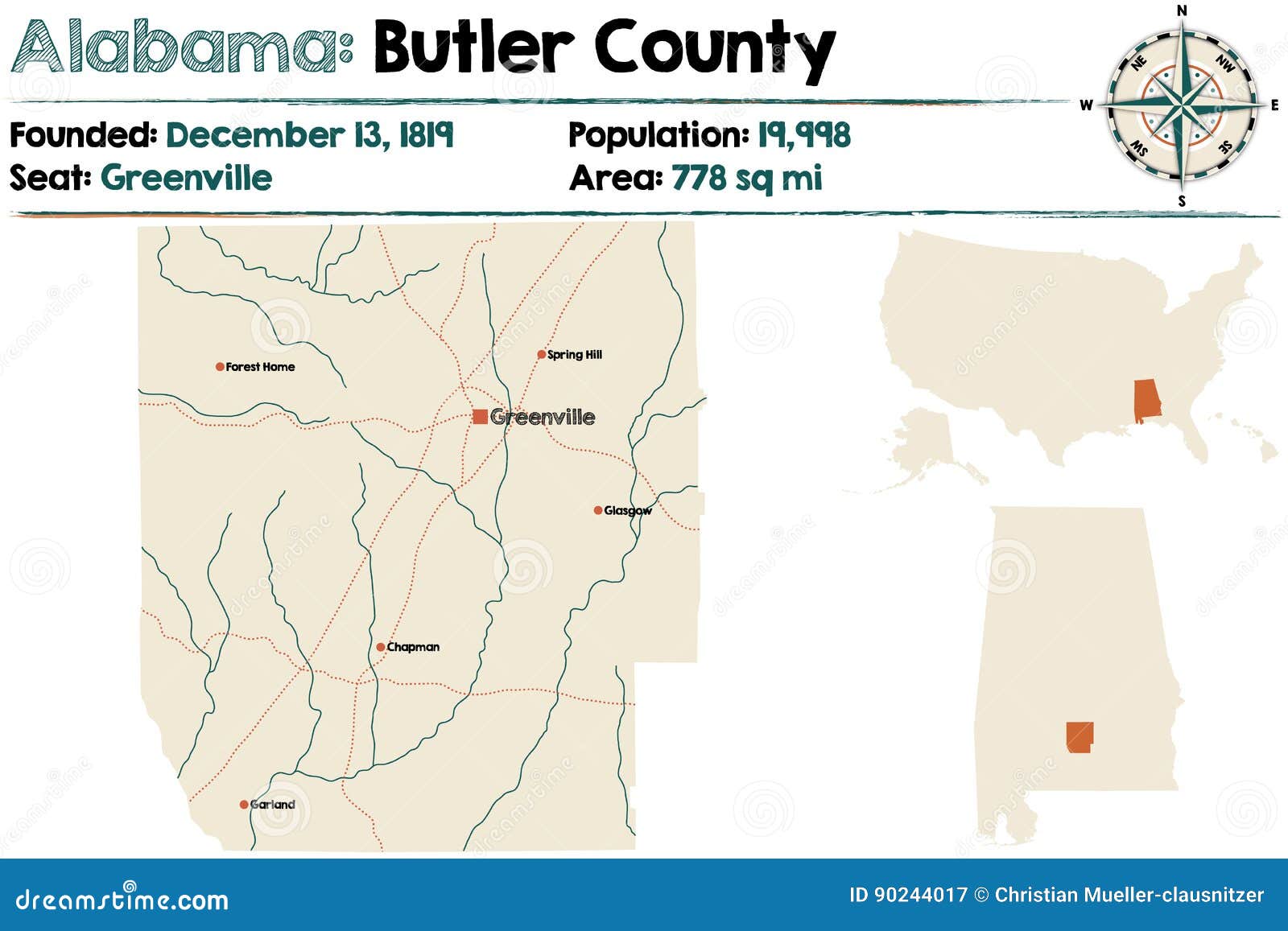Alabama: Butler county stock vector. Illustration of white - 90244017