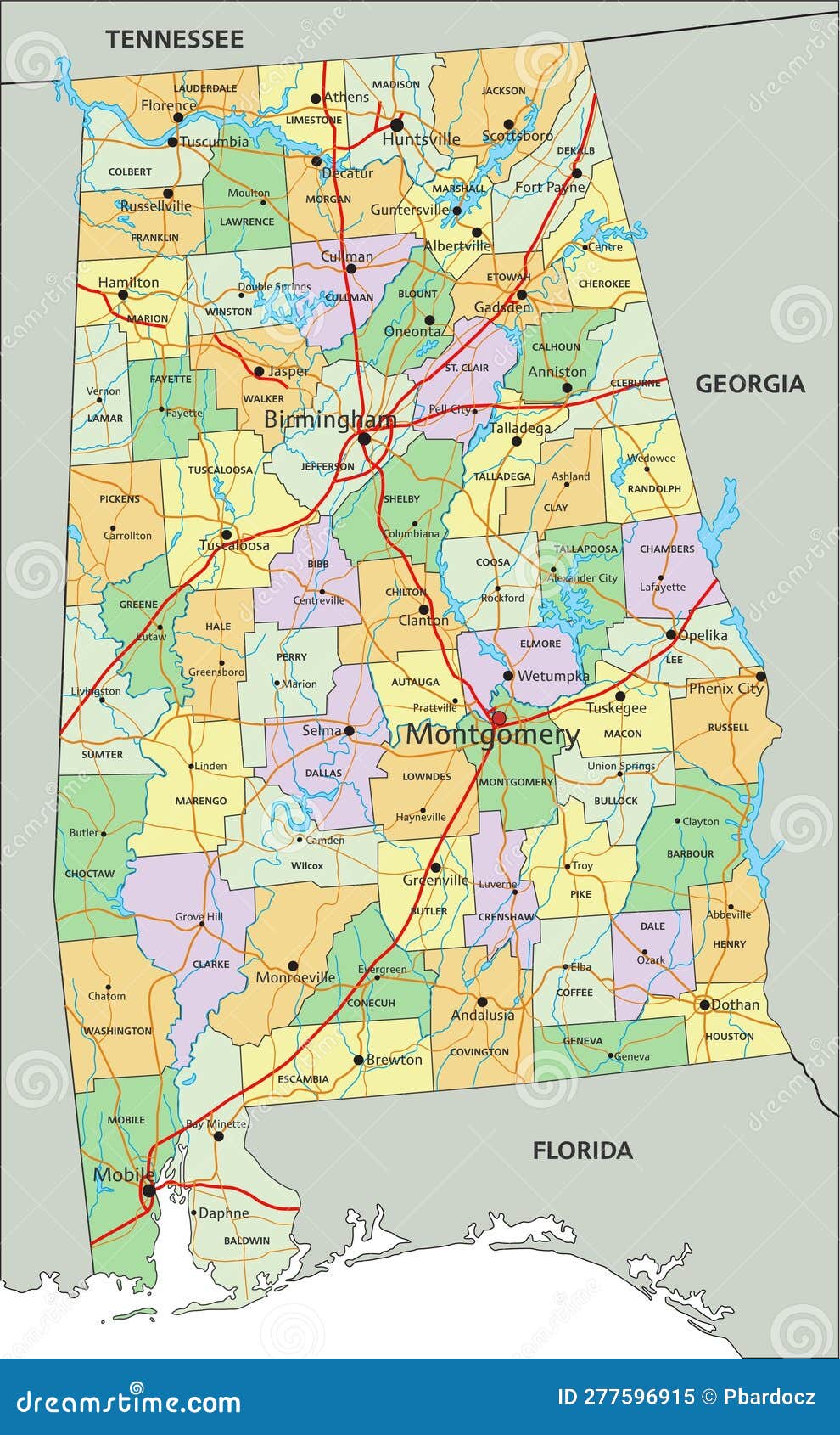Alabama - Detailed Editable Political Map With Labeling. Cartoon Vector ...