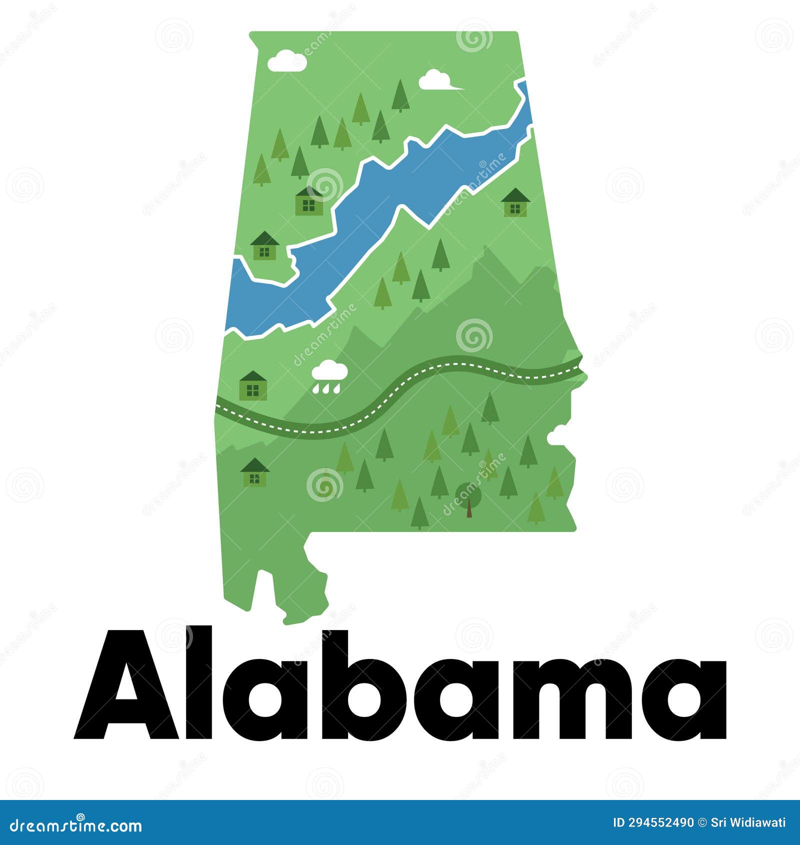 Alabama Map Drawing Illustration Cartoon Style Natural Graphic Forest ...