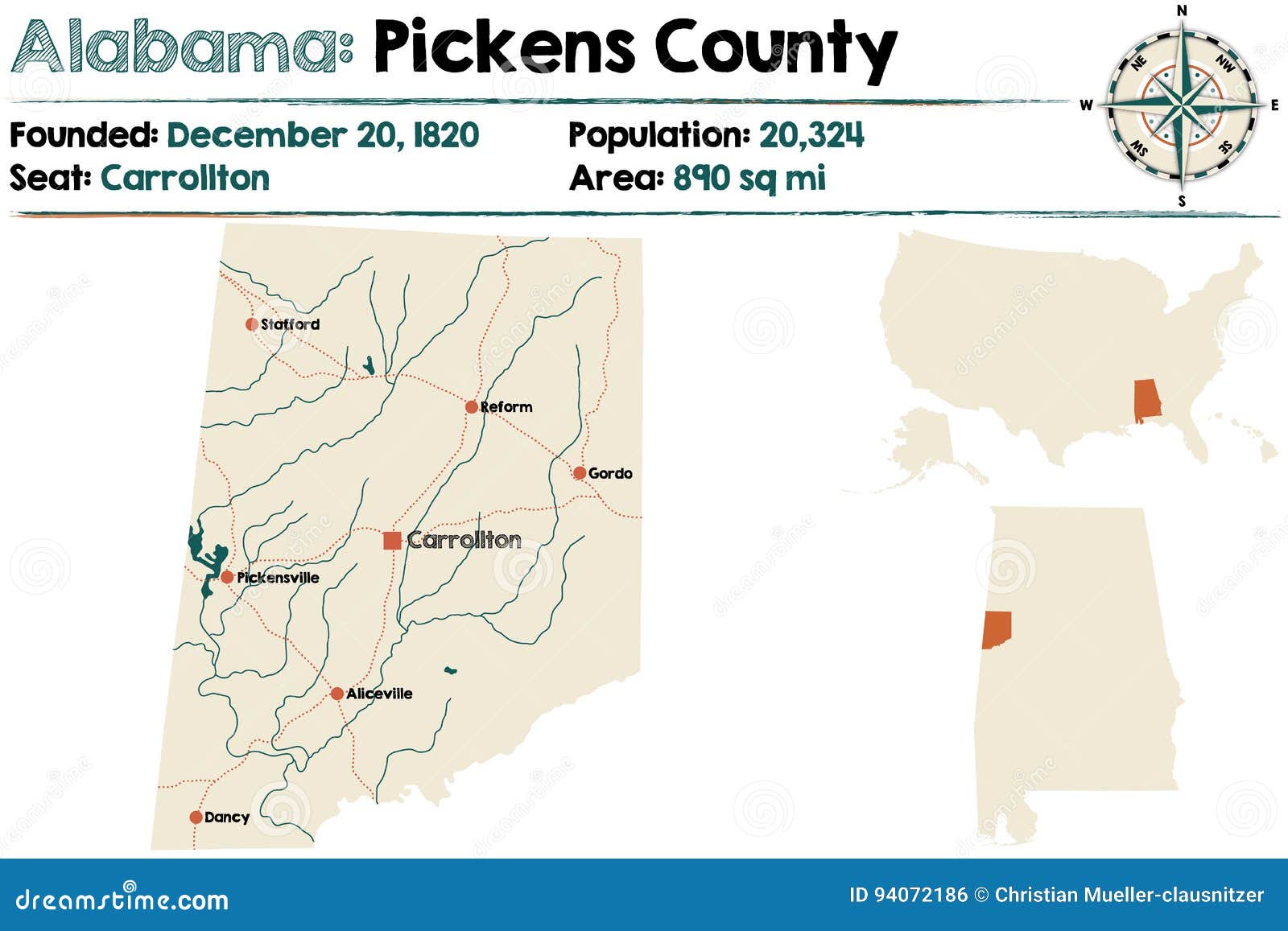 Alabama: Pickens County Map Stock Vector - Illustration of rose, city ...