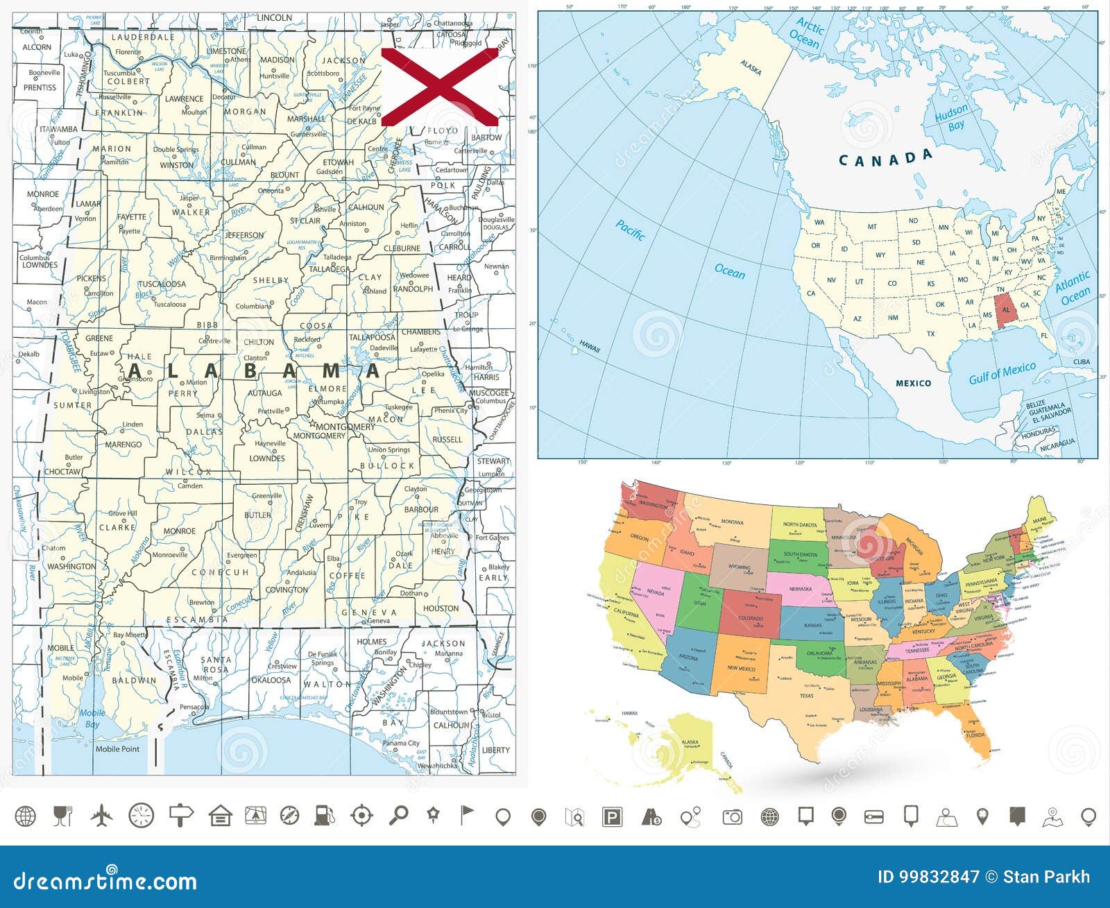 Alabama State Map and Navigation Set Stock Vector - Illustration of ...