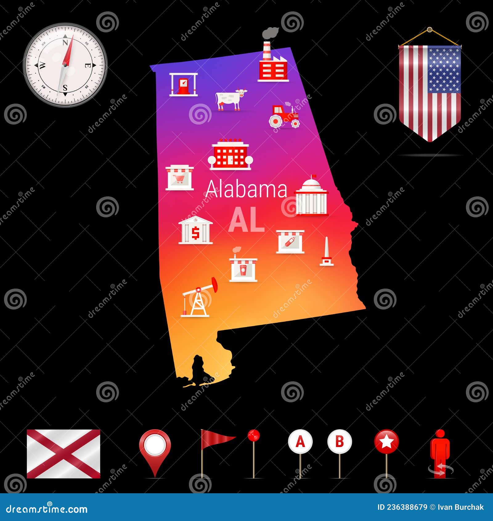 Alabama Vector Map, Night View. Compass Icon, Map Navigation Elements ...