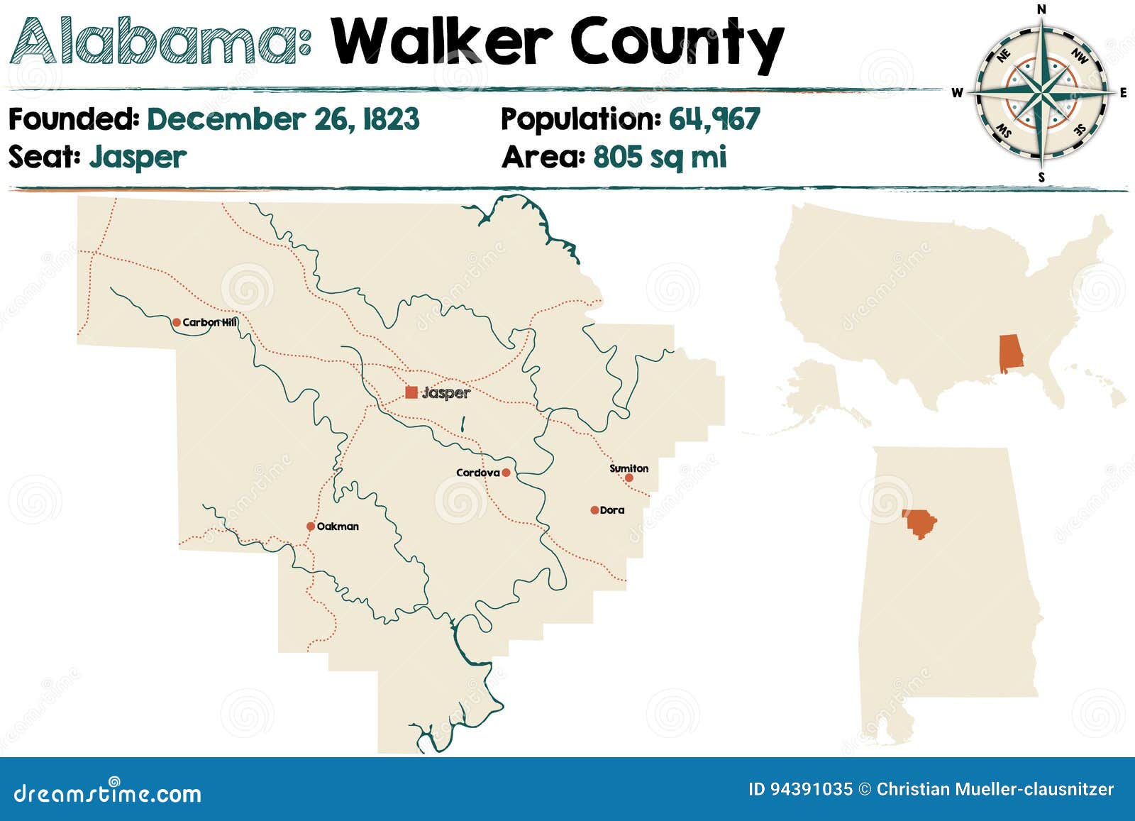 Alabama: Walker county map stock vector. Illustration of white - 94391035