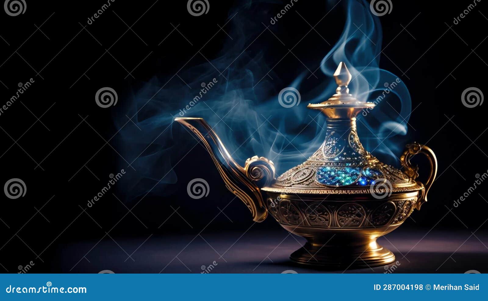 Aladdin Magic Lamp on Black with Smoke Stock Illustration ...