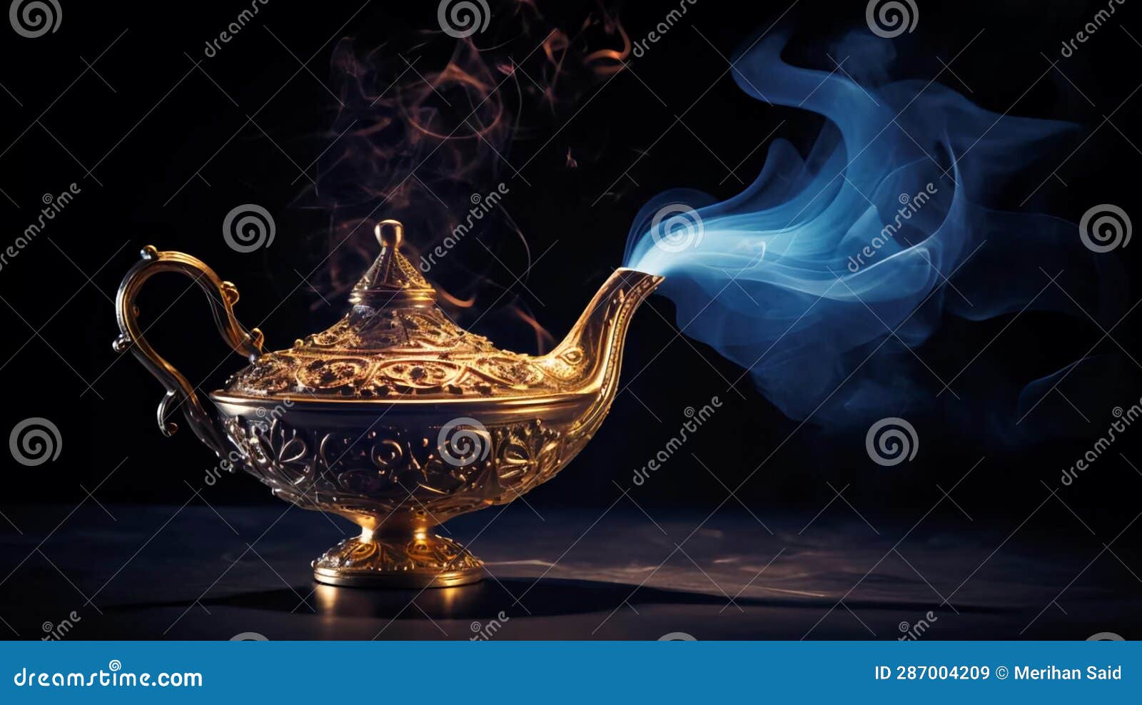 Aladdin Magic Lamp on Black with Smoke Stock Image - Image of gold ...