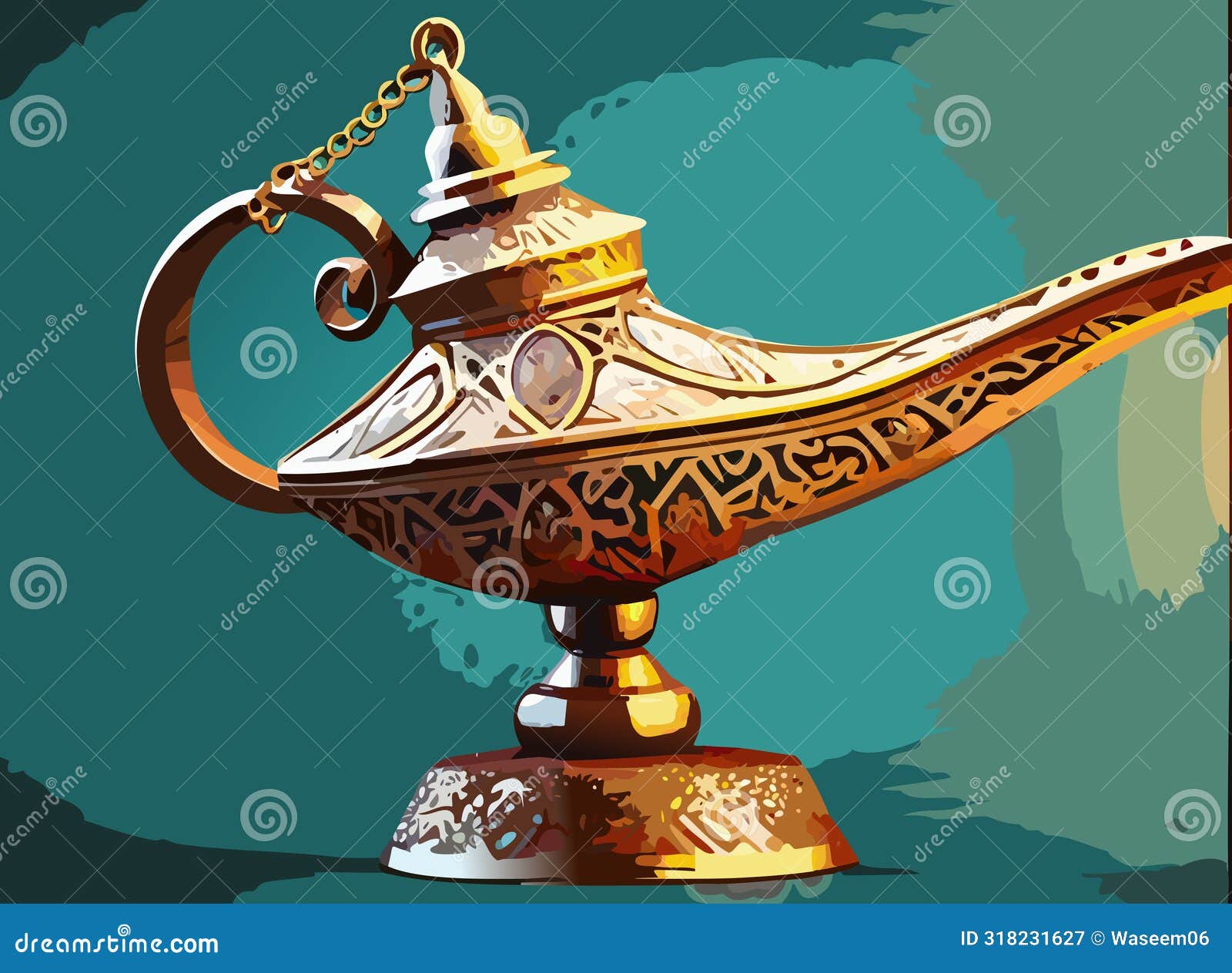 Aladdin Magic Lamp on Dark Background. Vector Illustration of a Magic ...