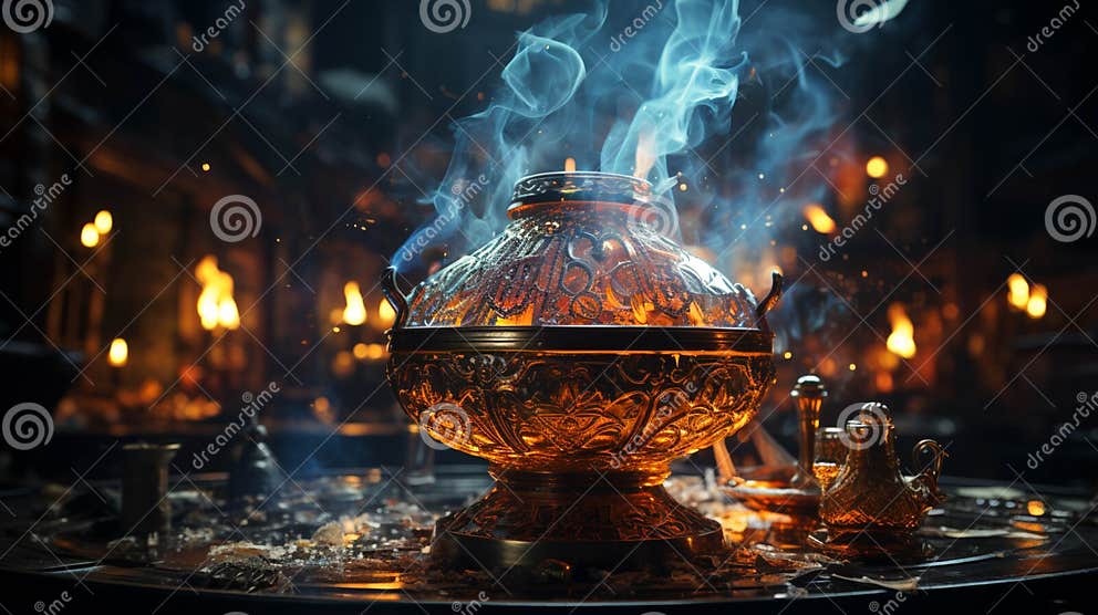 Aladdin Magic Lamp with Giant and Smoke Stock Image - Image of giant ...