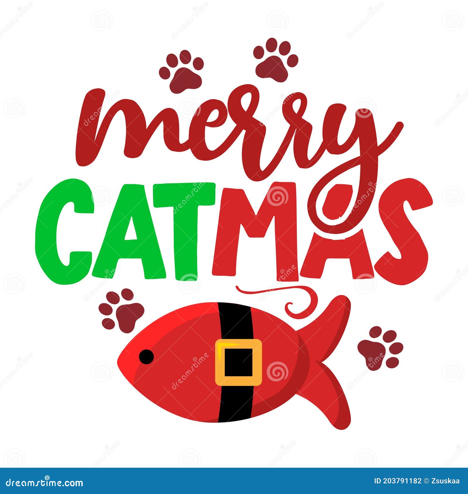 Merry Catmas Cute Cat Wear Santa Hat Siting On Star Cartoon Vector ...