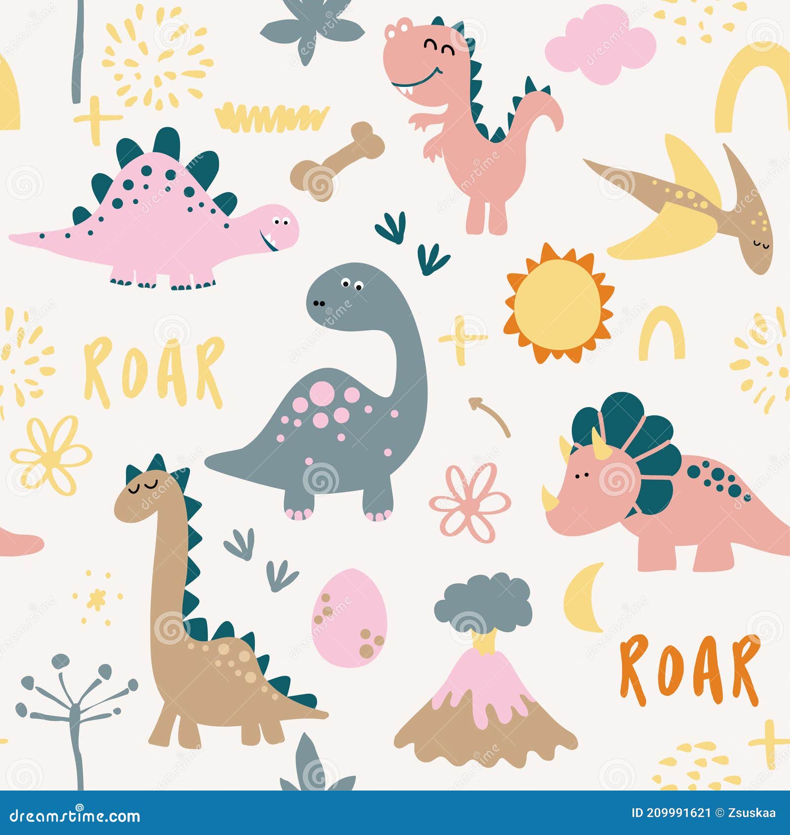 Dino Friends. Funny Cartoon Dinosaurs, Bones, And Eggs. Cute T Rex ...