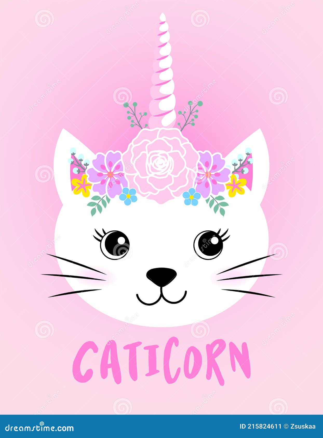 Caticorn - with Floral Headband Wreath - Cute Kitty Drawing. Stock ...