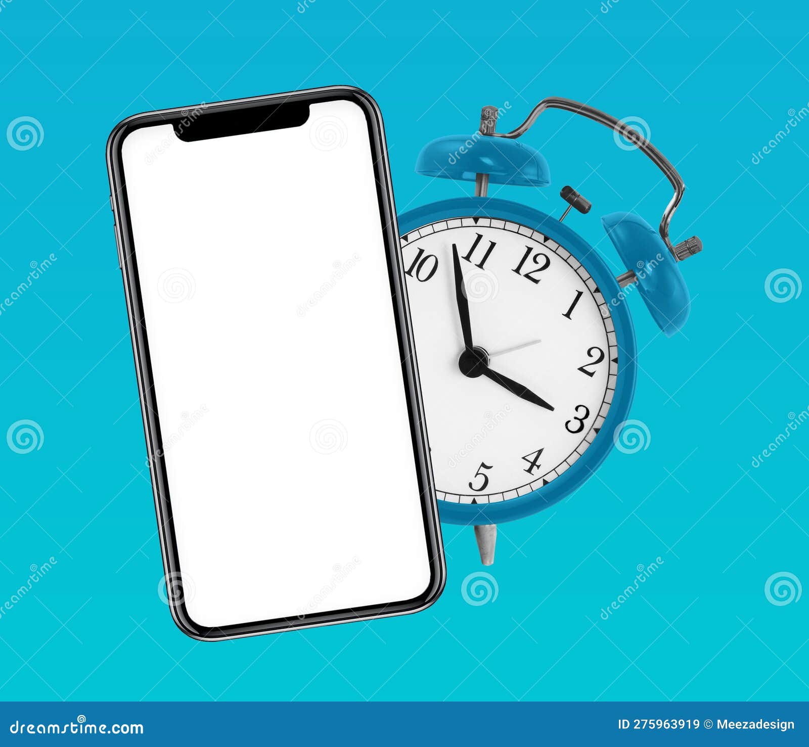 Alarm Clock Behind Phone Screen on Blue Background Stock Image - Image ...