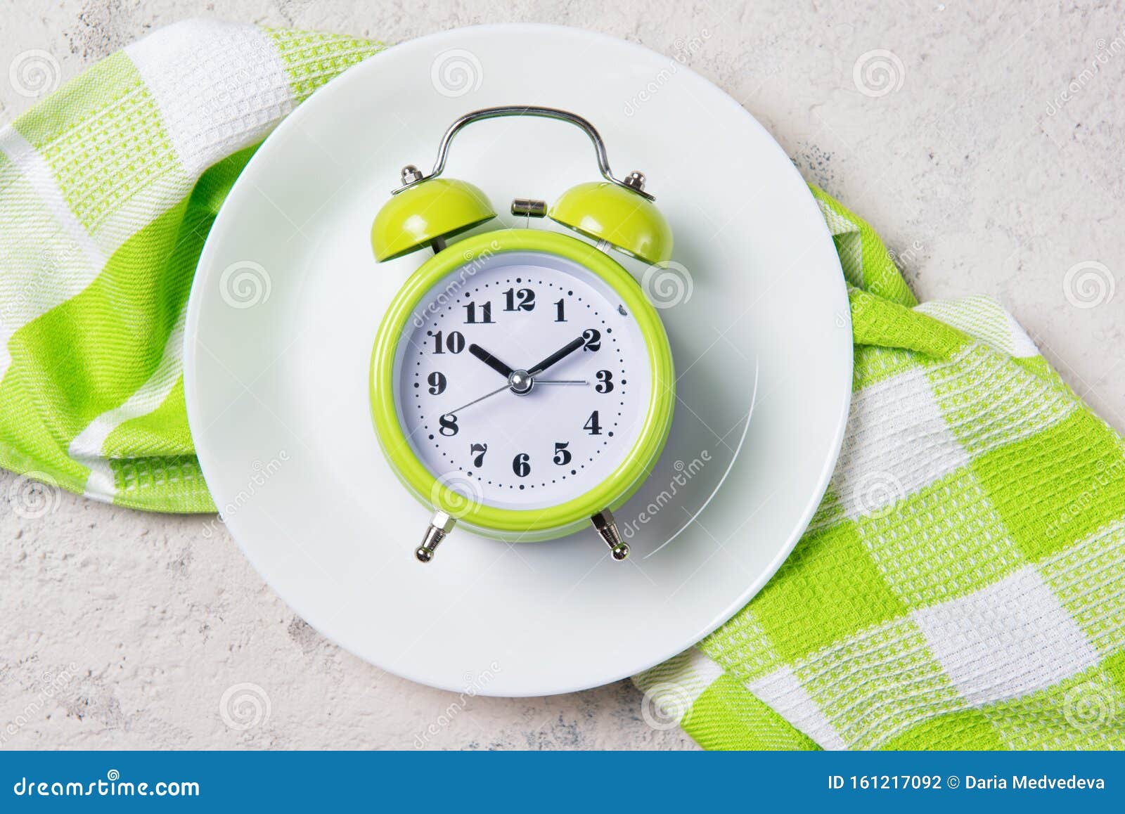 Alarm Clock with Bells on the Plate, Lunch Time Concept, Top View with ...