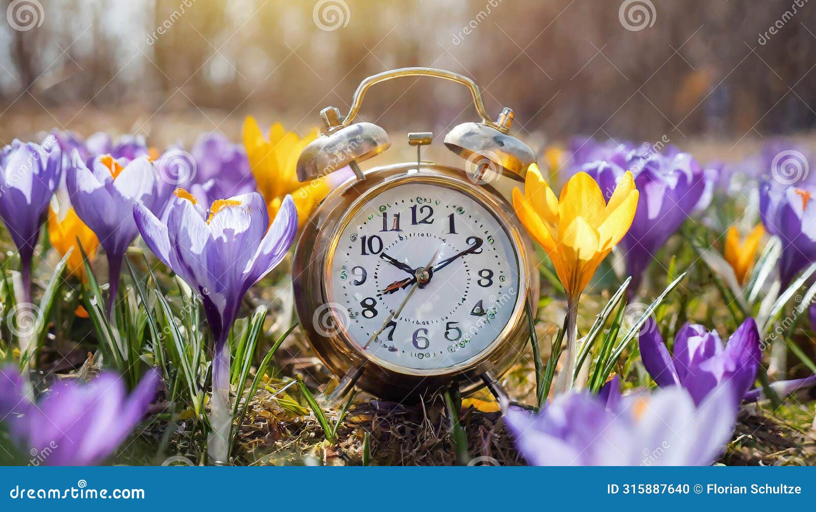 Alarm Clock among Blooming Crocuses, Spring Forward Concept. Spring ...
