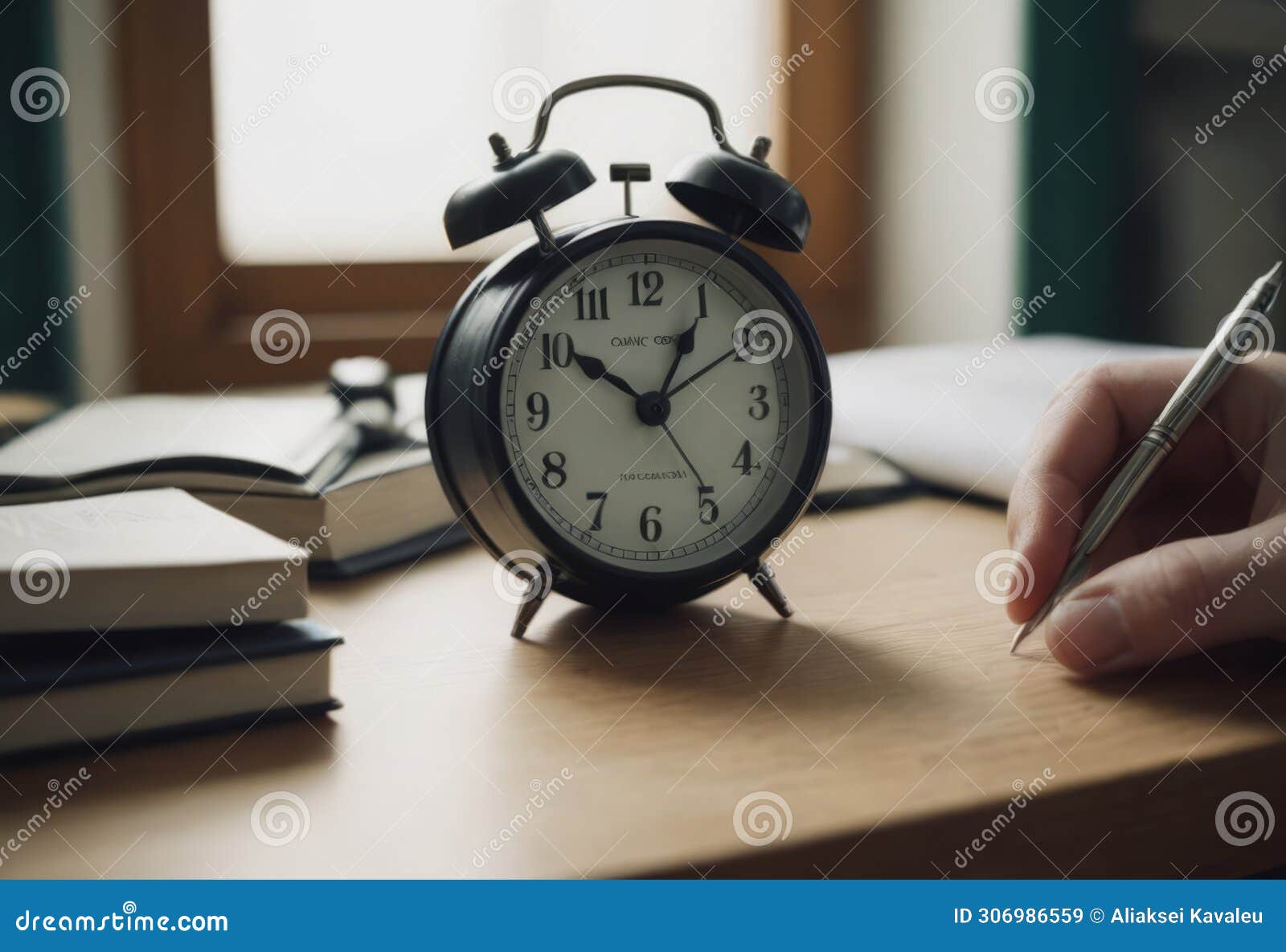 Alarm Clock with Books on the Table of a Student Doing Homework at Home ...
