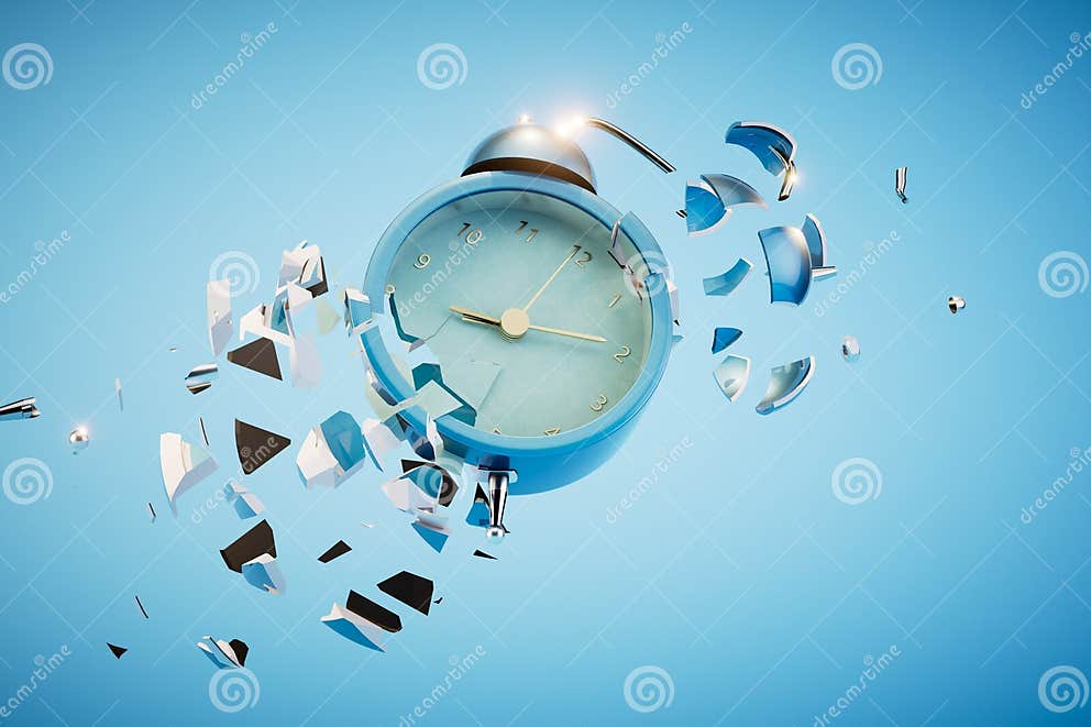 Alarm Clock Breaking into Pieces on a Blue Background. 3D Render Stock ...