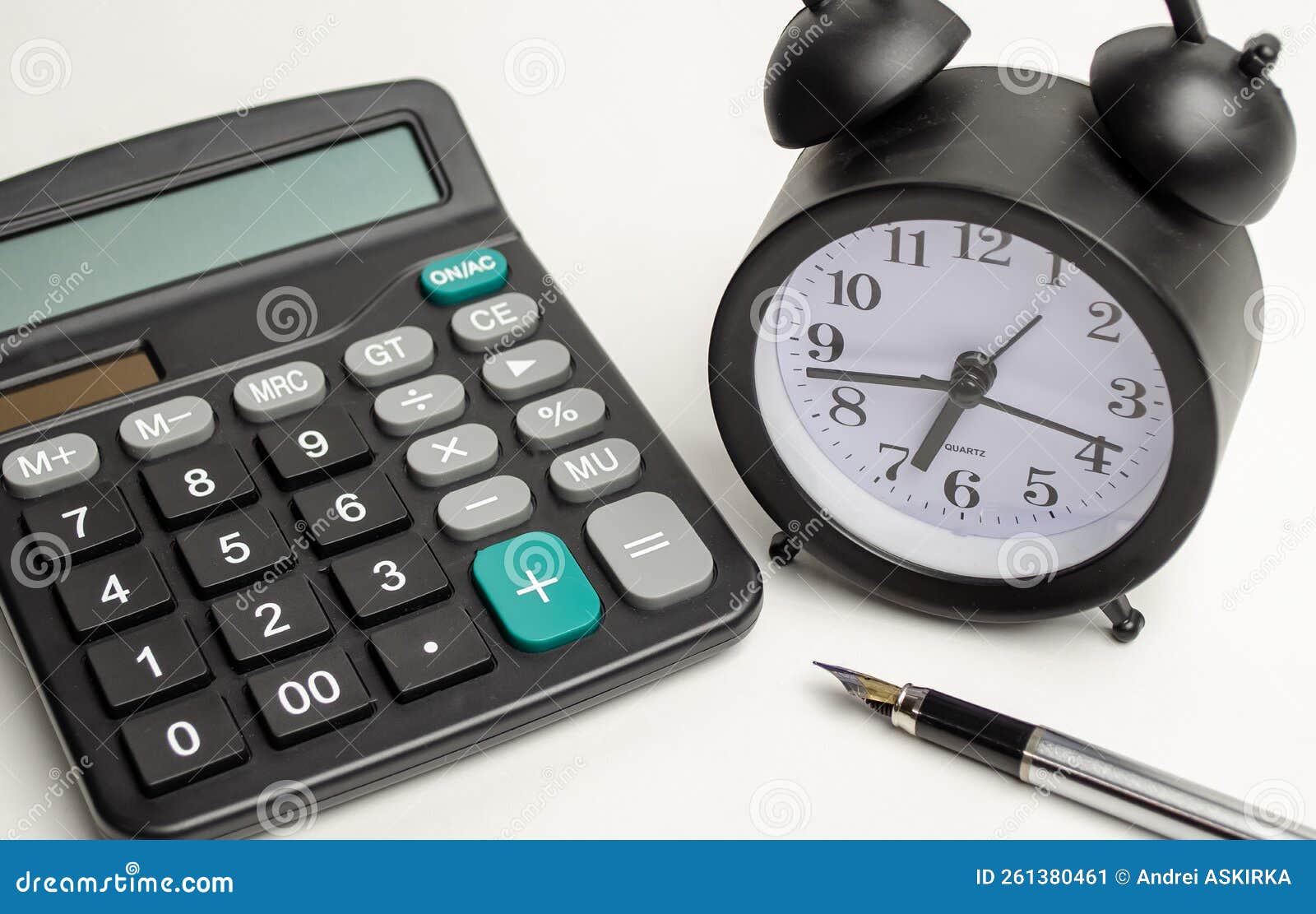 Alarm Clock with Calculator and Pen on White Background Stock Image ...