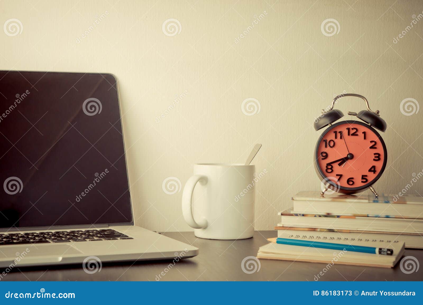 Alarm Clock with Computer on Table Stock Image - Image of business ...