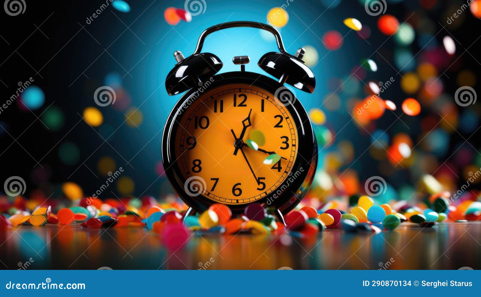 An Alarm Clock with Confetti on a Table, AI Stock Photo - Image of ...