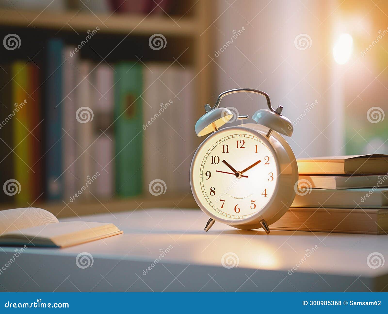 Alarm Clock on the Desk with Books, Warm Light Inside the Room ...