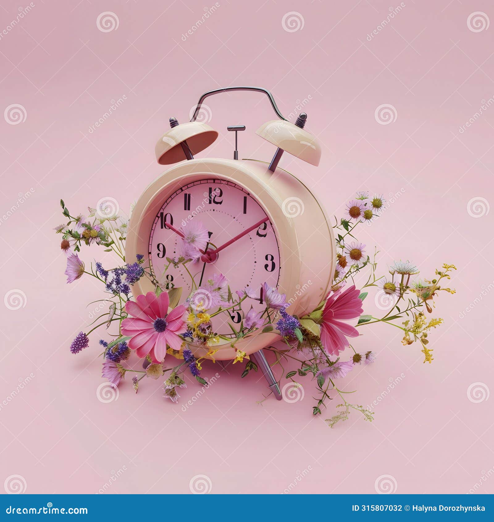 Alarm Clock with Flowers on Pink Background. Generative AI Stock ...