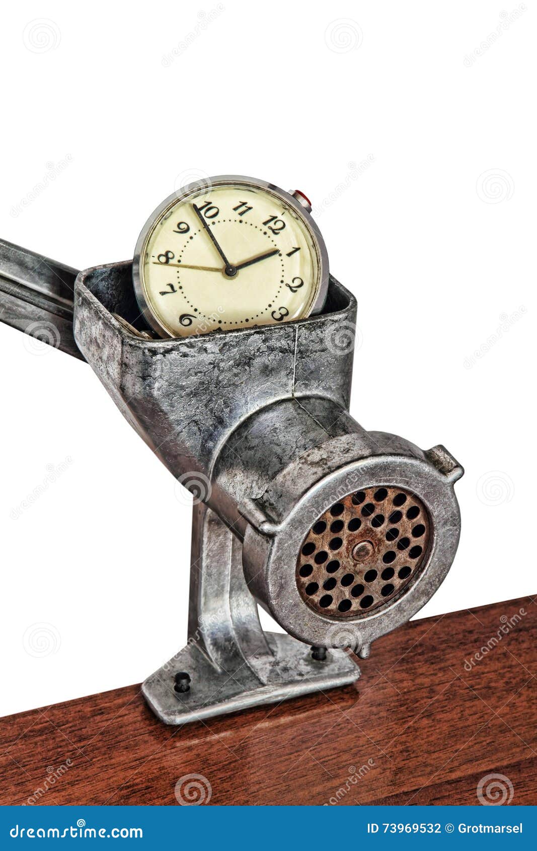 Alarm Clock in Manual Meat Grinder on White Background. Stock Photo ...