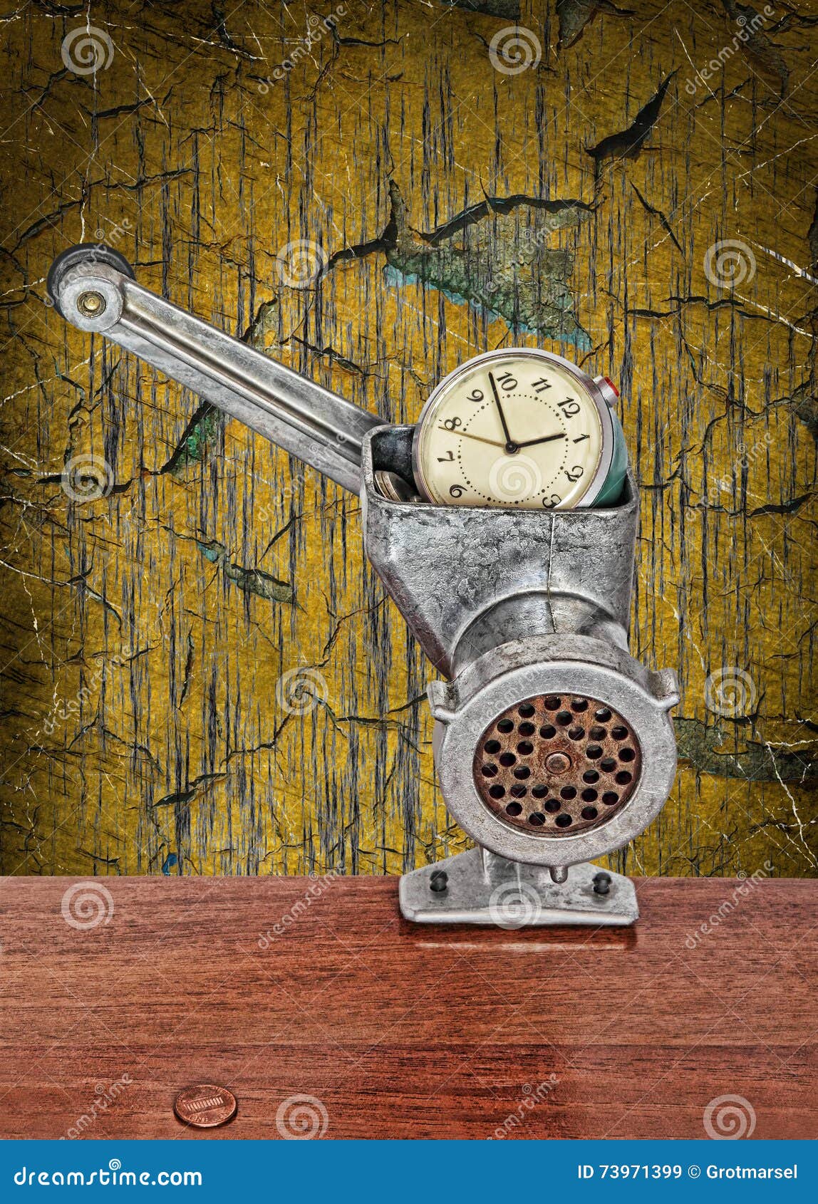Alarm Clock in Meat Grinder on Grunge Scratched Background. Stock Image ...