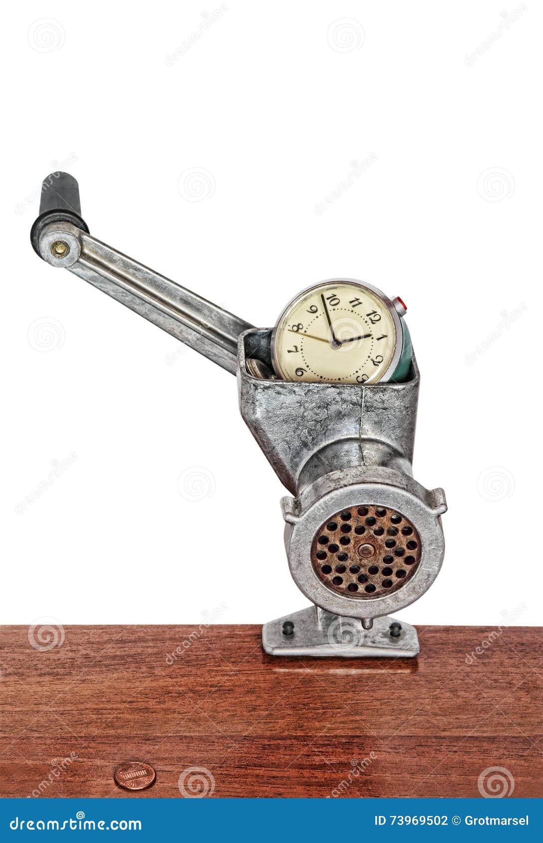 Alarm Clock in Meat Grinder on White Background. Stock Photo - Image of ...