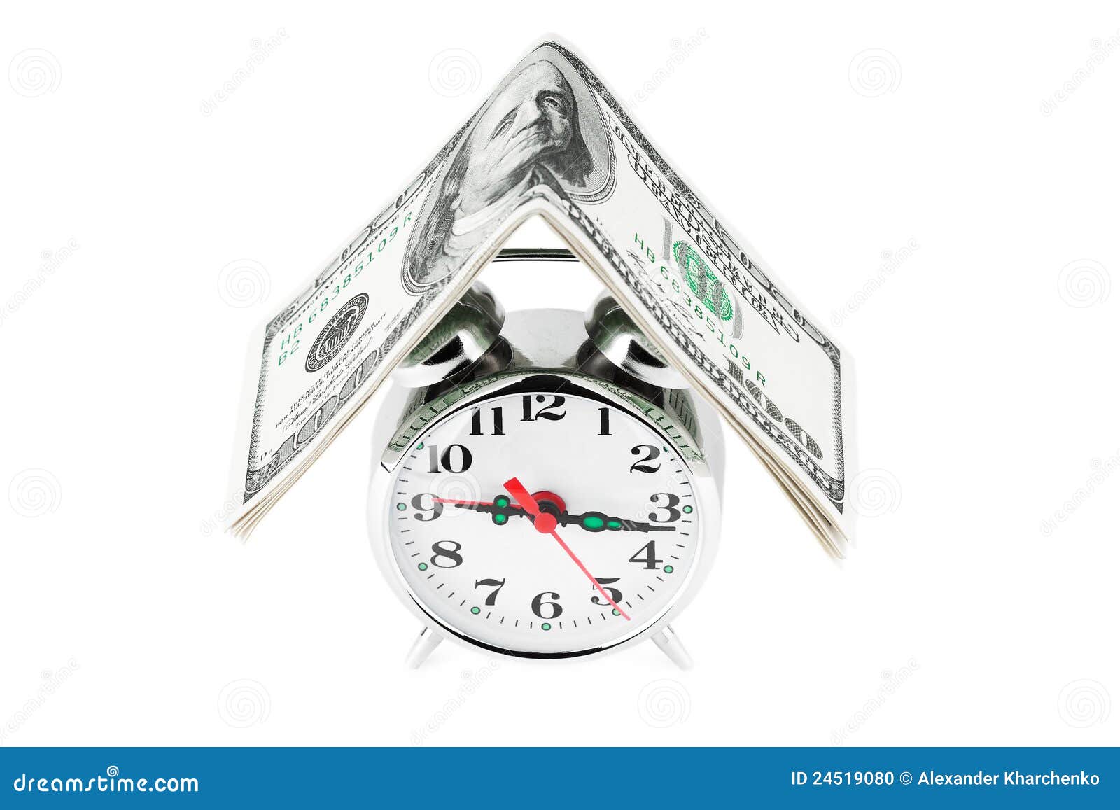 Alarm clock with money stock photo. Image of note, bell - 24519080