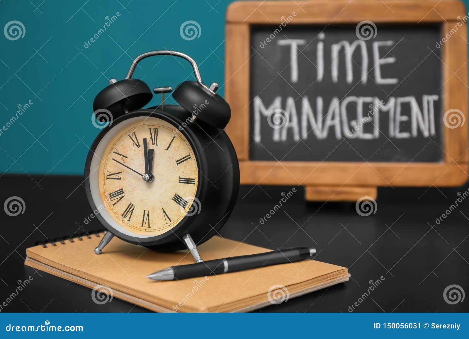 Alarm Clock and Notebook on Table. Time Management Concept Stock Image ...