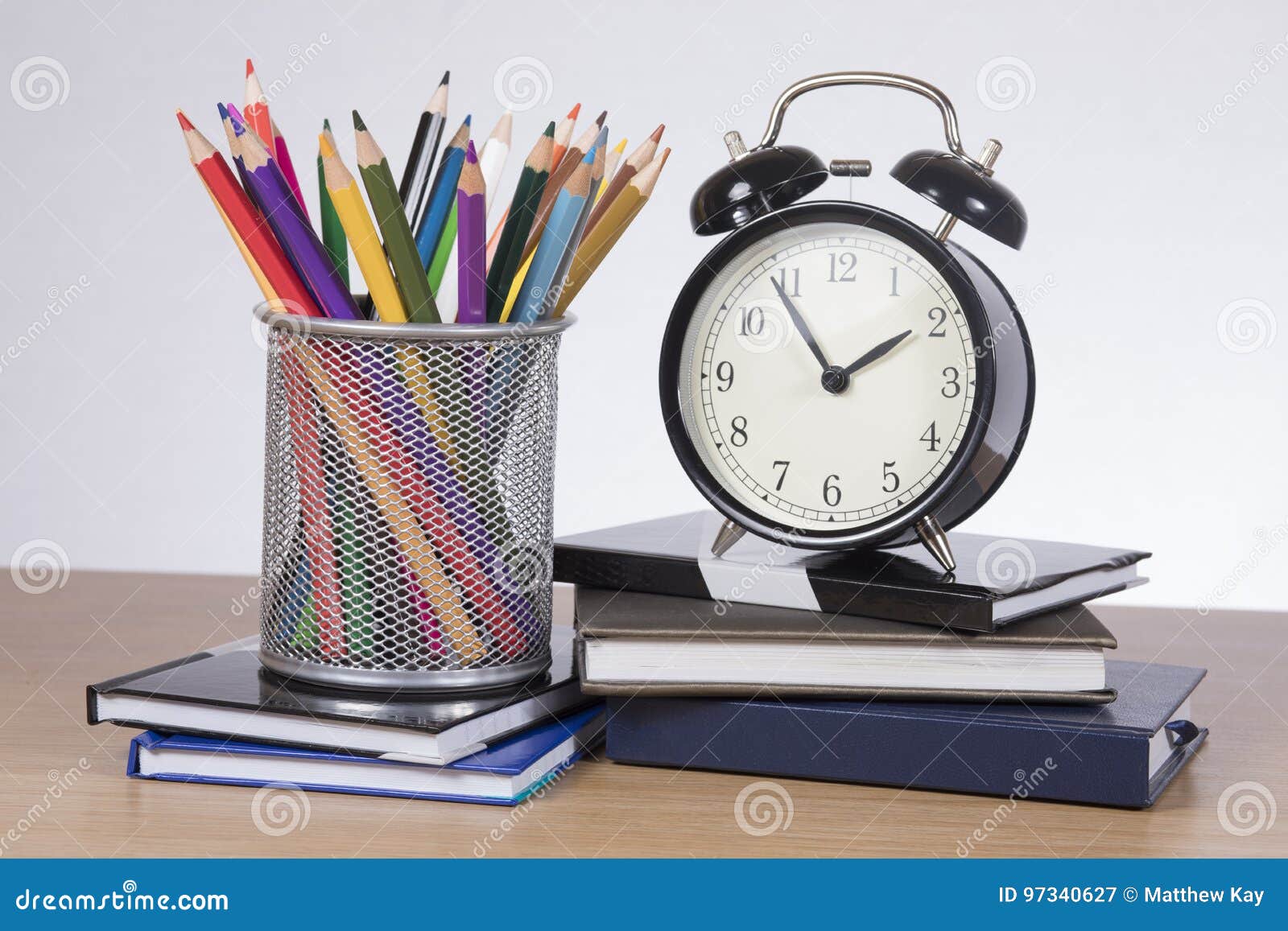 Alarm Clock, Notebooks with Colored Pencils Stock Image - Image of ...