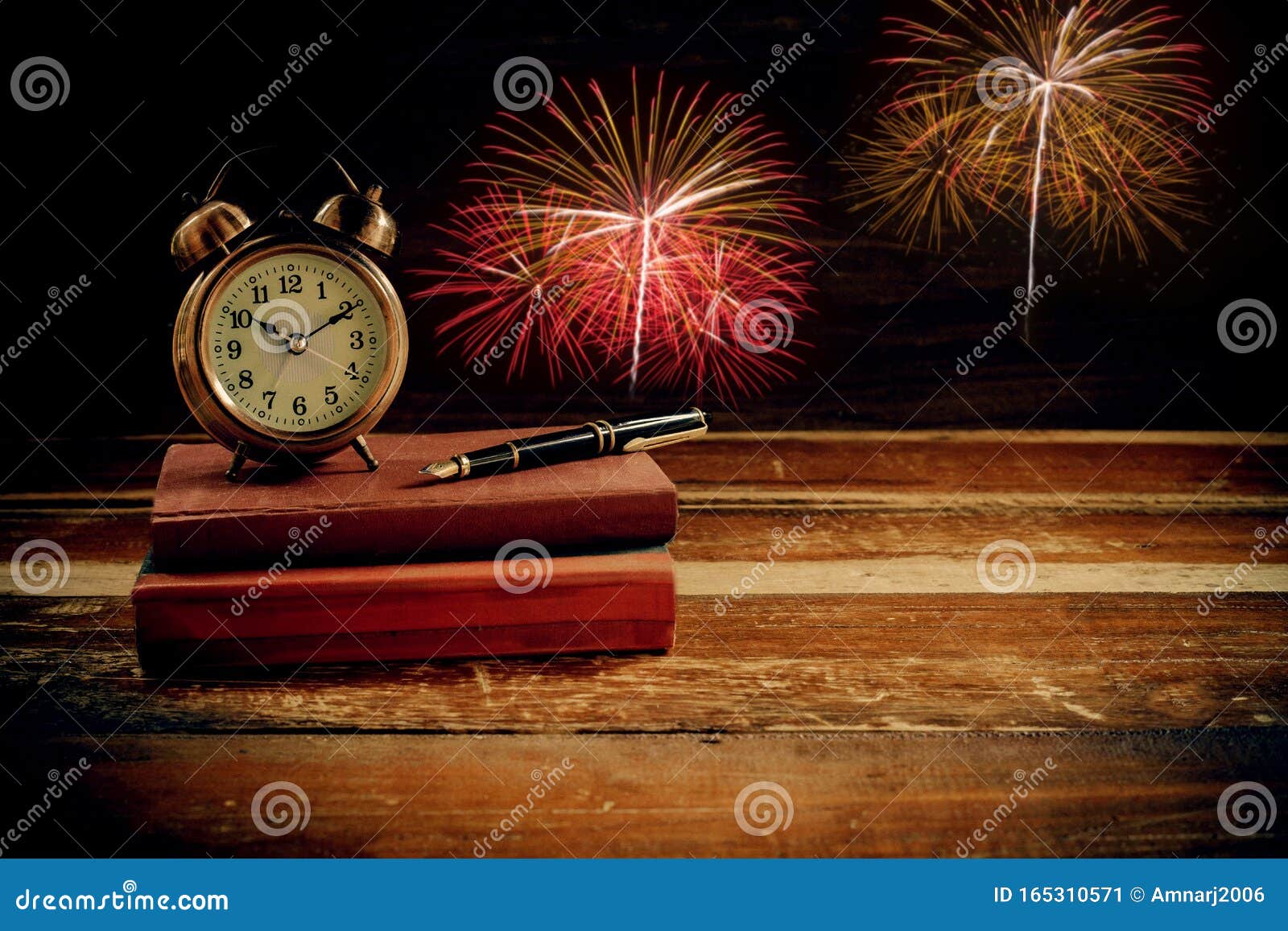 Alarm Clock on Old Book with Firework Stock Image - Image of fireworks ...