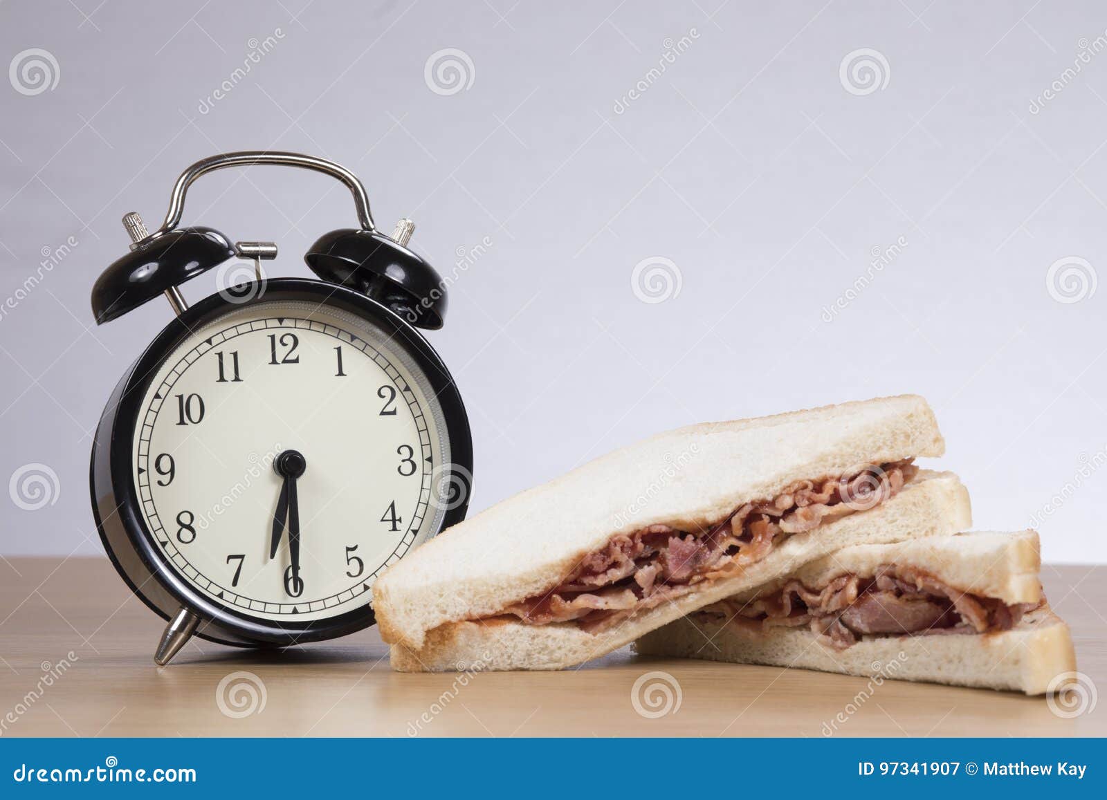 Alarm Clock with Sandwich on Table Stock Image - Image of health, food ...