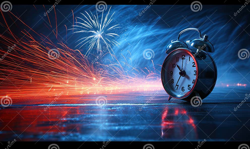 Alarm Clock with Sparks Flying in the Air and Fireworks in the ...