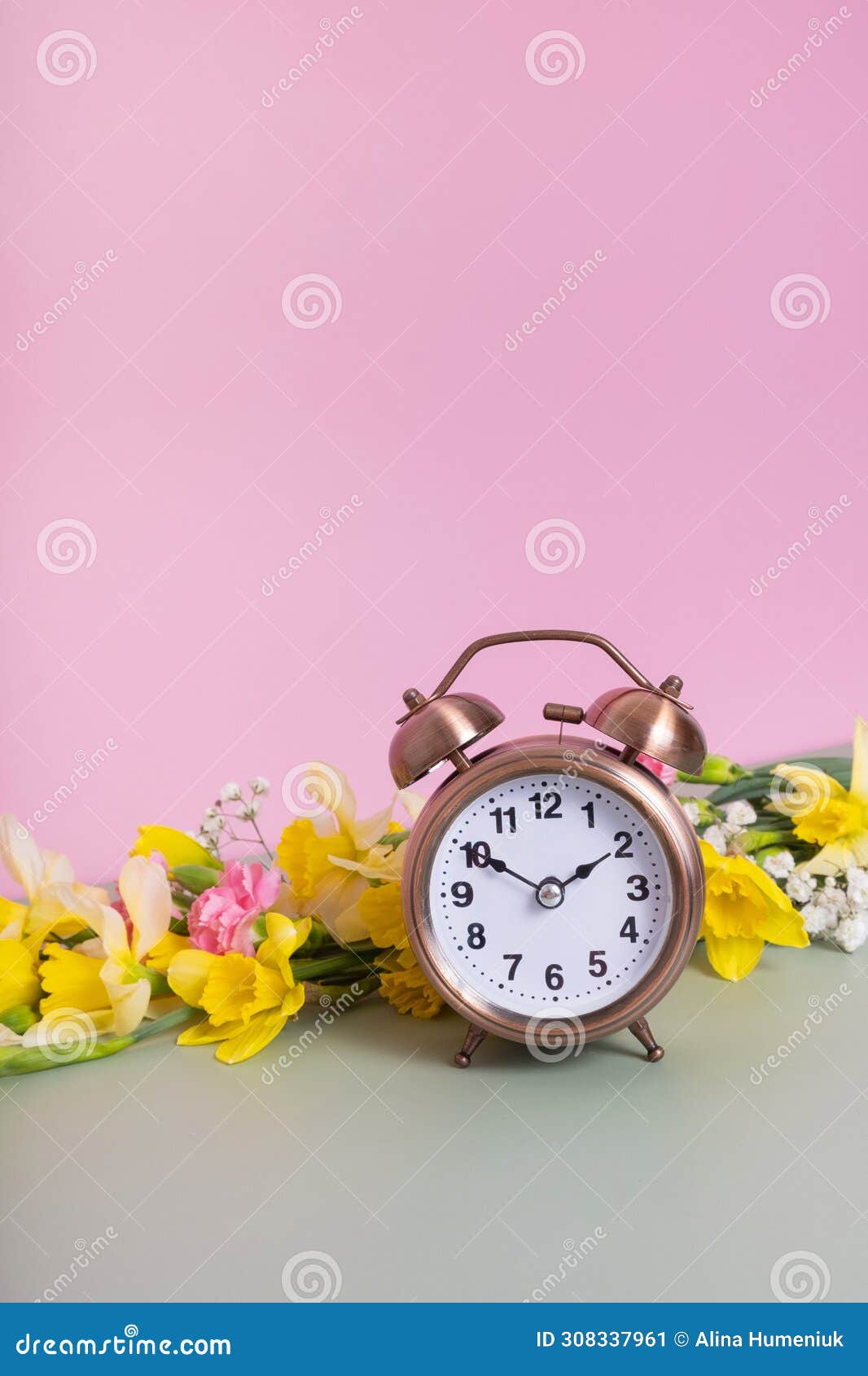 Alarm Clock with Spring Flowers. Spring Time, Daylight Savings Concept ...