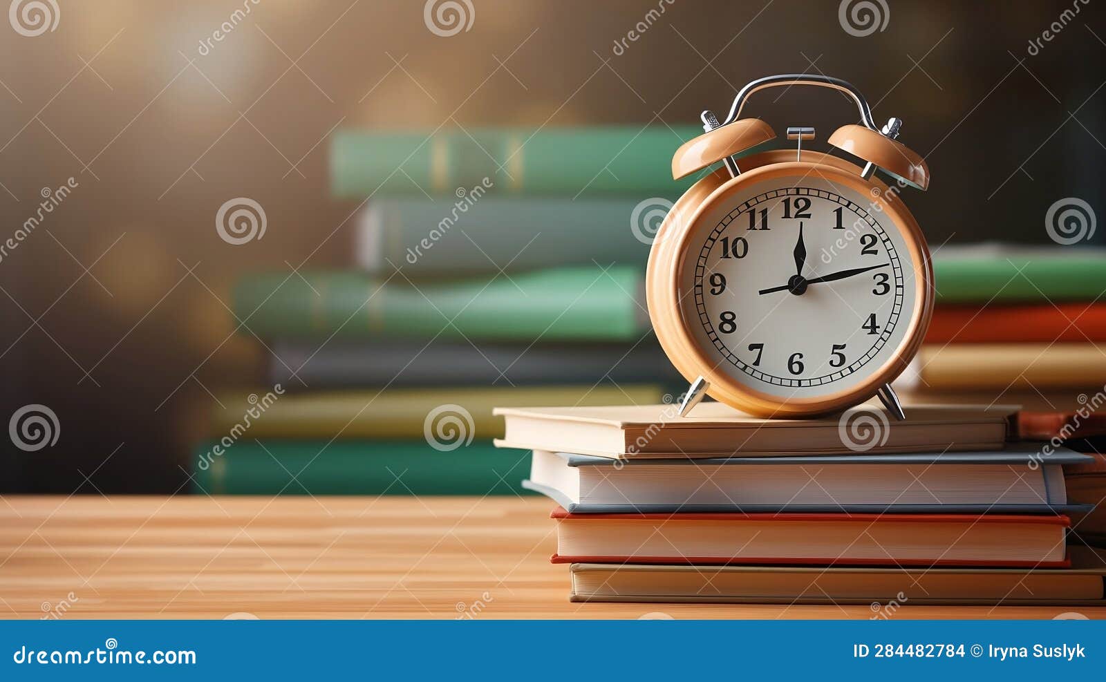 Alarm Clock Stands on Top of a Stack of Colored Books on Table, Blurred ...