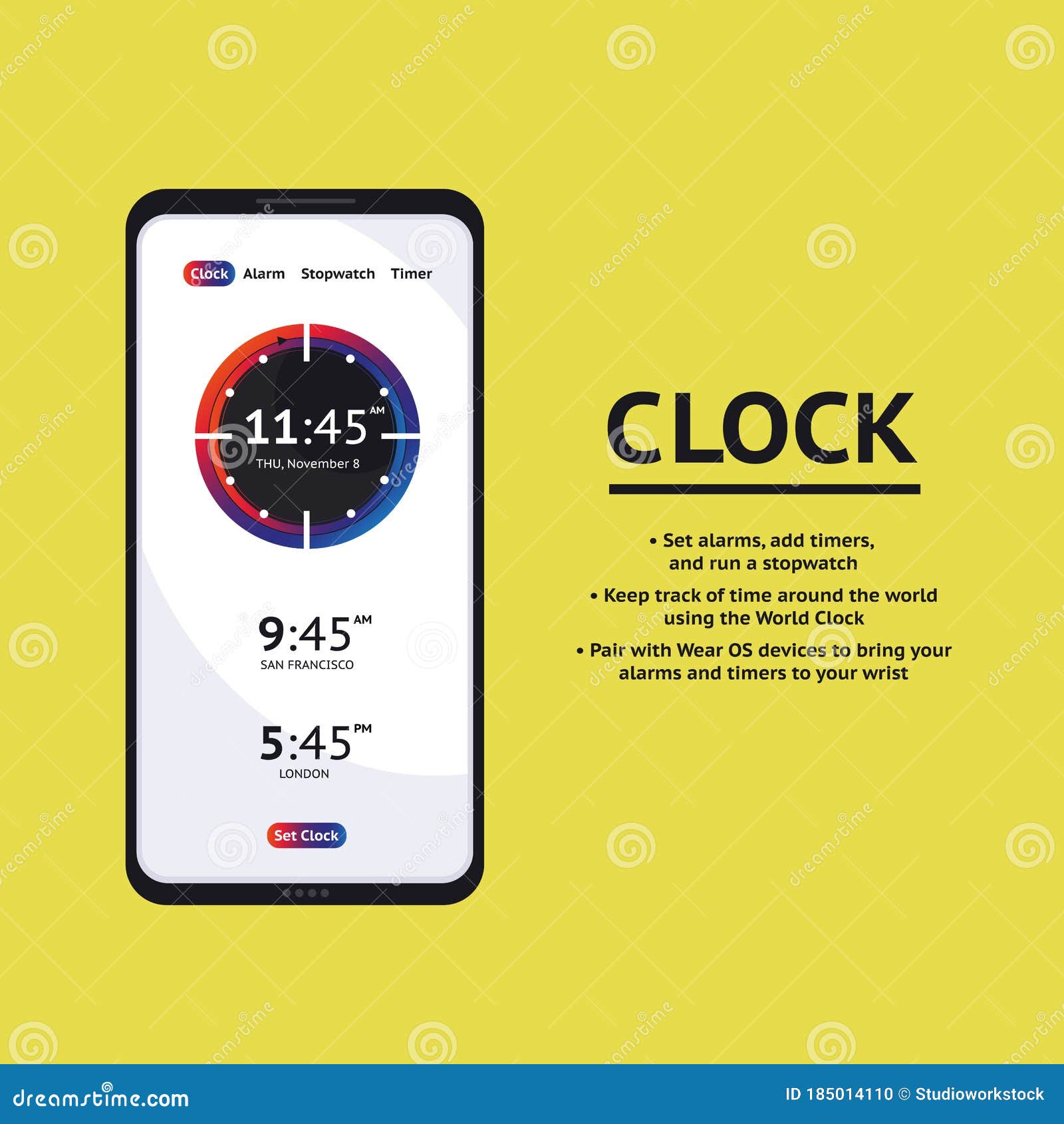 Alarm Clock Stopwatch Timer Ui Mobile Phone Stock Vector
