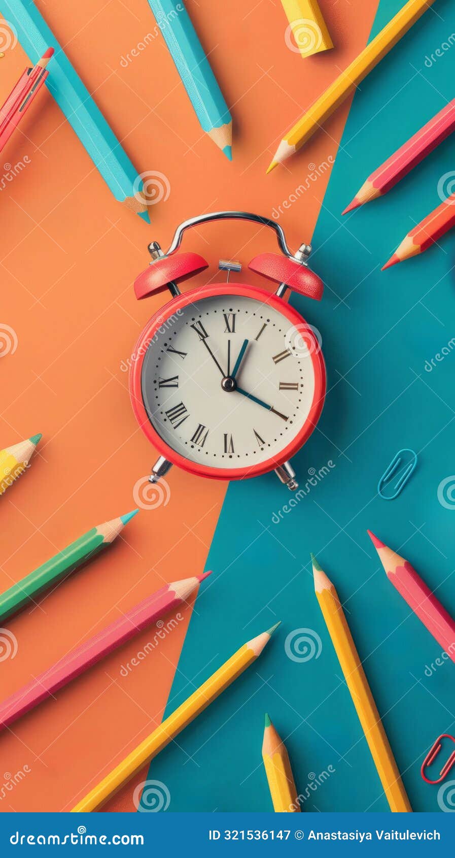 Alarm Clock Surrounded By Colored Pencils. Vertical Poster Royalty-Free ...