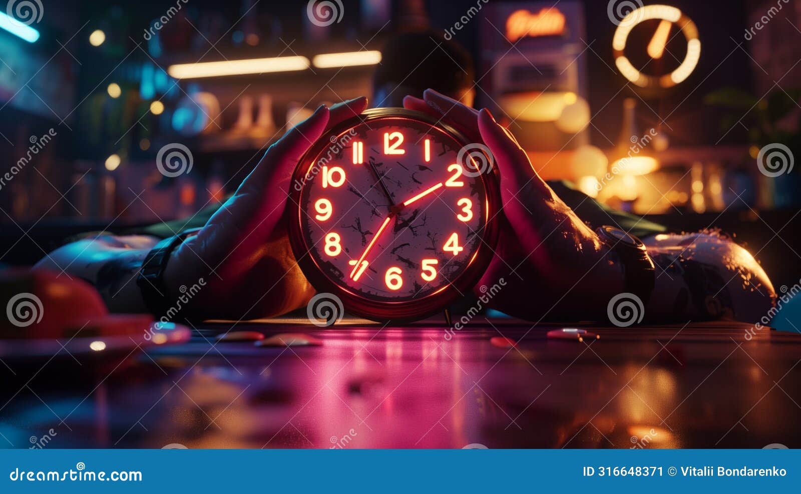 Alarm Clock on the Table in the Night Club. Time Management Concept ...