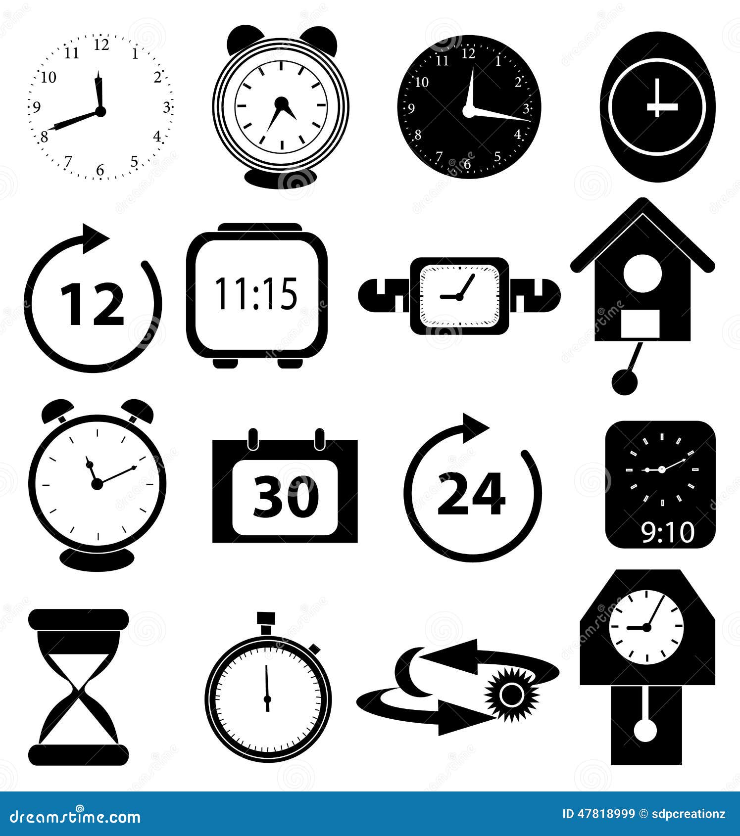 Alarm clock time icons set stock vector. Illustration of instrument ...