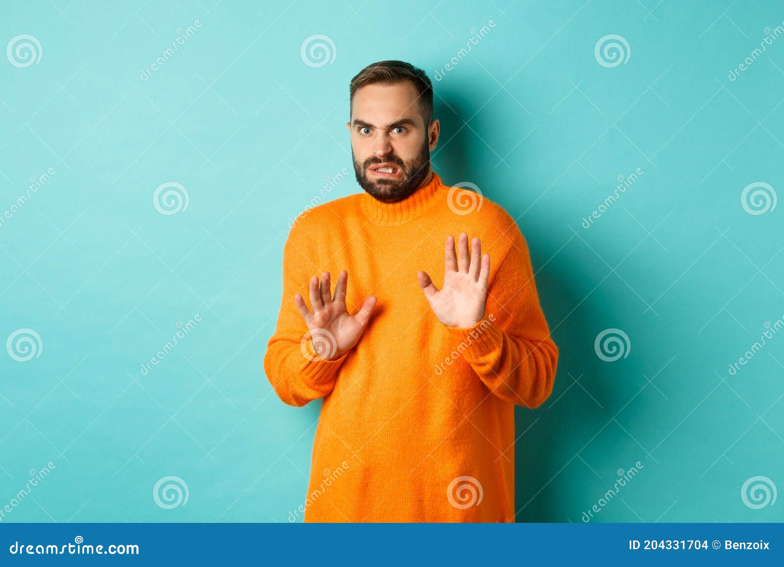 Alarmed Guy Shaking Hands in Rejection, Declining and Stepping Away ...