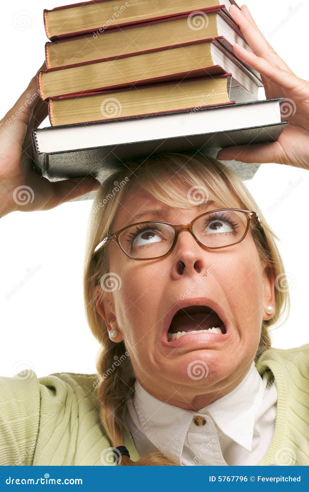 Alarmed Woman Under Stack of Books on Head Stock Photo - Image of ...