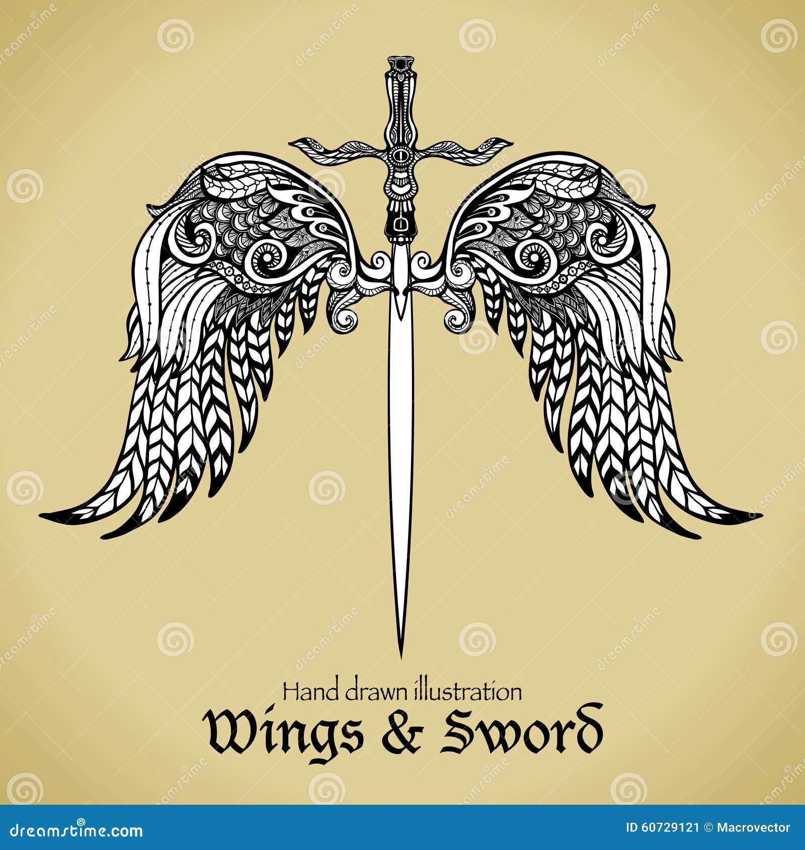 Alas y espada ilustración del vector. Ilustración de mano - 60729121