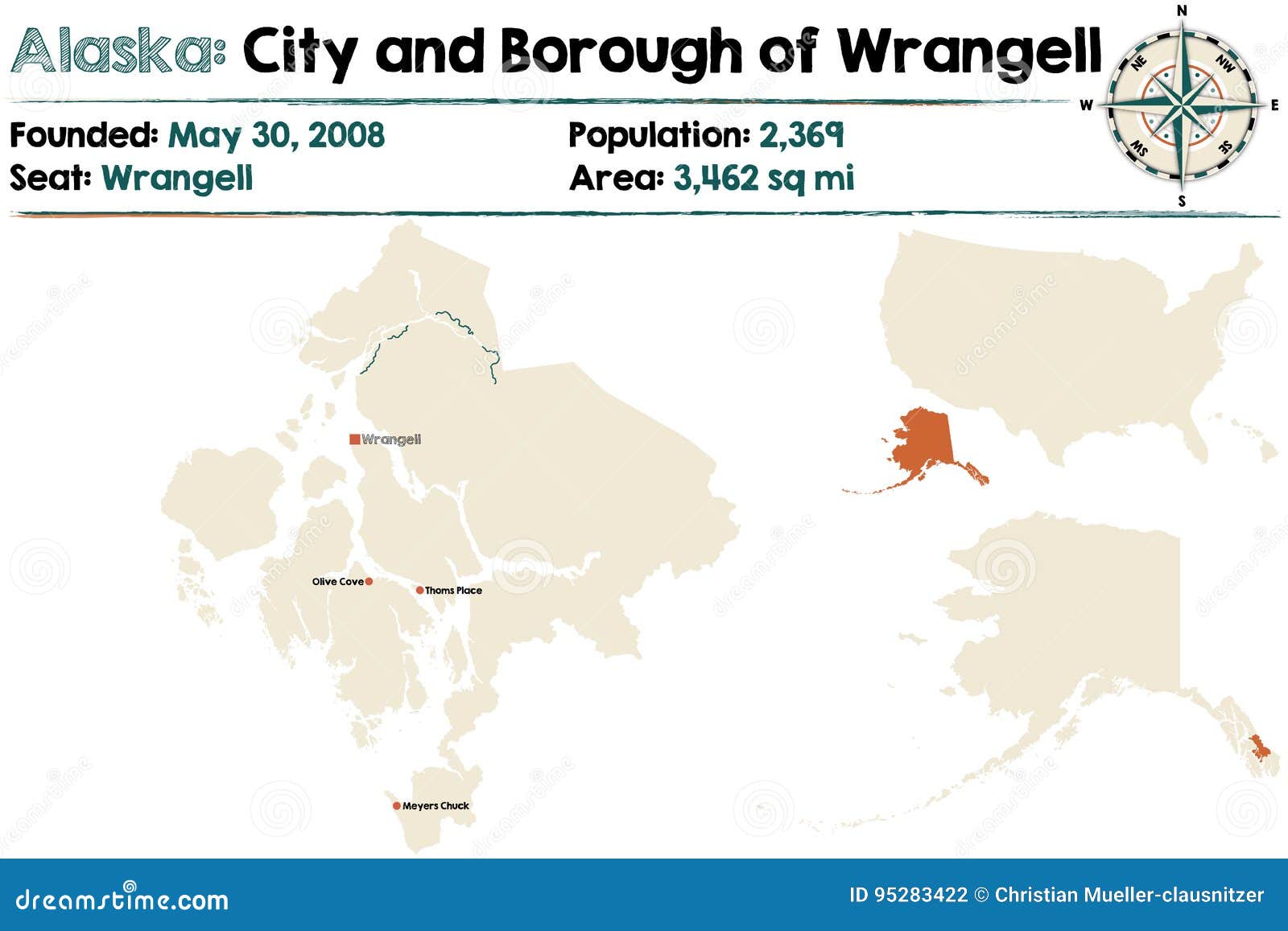 Map Of Wrangell Borough In Alaska State On White Background. Single ...