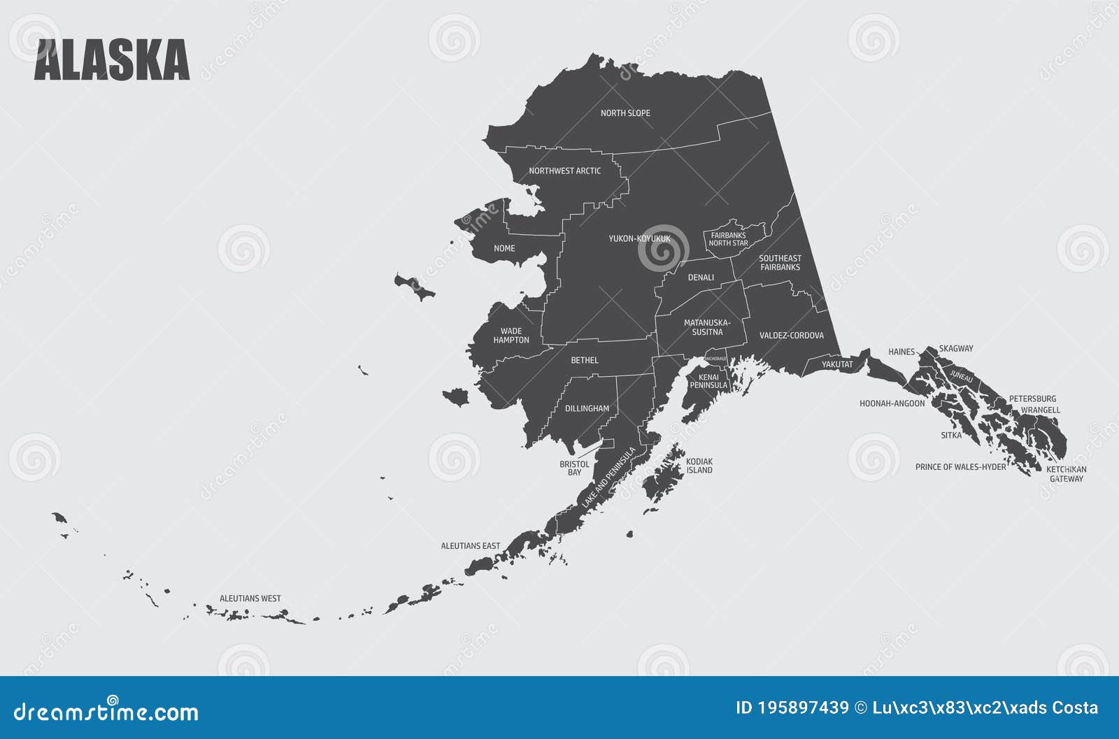Alaska counties map stock illustration. Illustration of white - 195897439